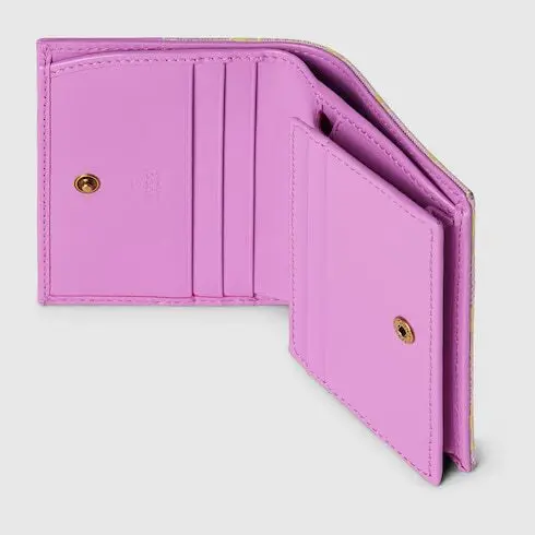 Gucci Gg Bifold Card Case Gg Canvas - Lilac And Yellow Canvas